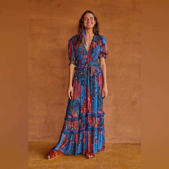 FARM Rio | Dresses | Farm Rio Blue Cool Leopard Ruffle Maxi Dress ...